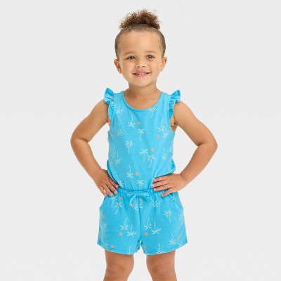 Toddler Girls' Ocean Palm Trees Romper - Cat & Jack™ Blue 4t : Target