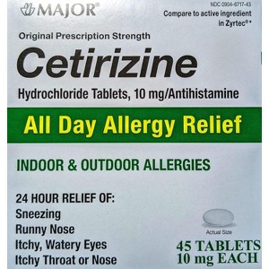 Major Cetirizine HCl 10 mg Tablets Non Drowsy Formula for Allergy ...