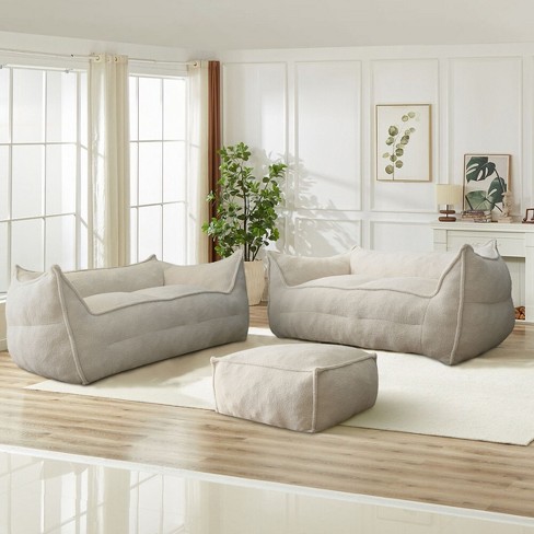 Beige Comfy Recliner Sofa Set For Living Room Teddy Lazy Couch With ...