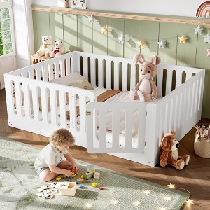 Queen Size Floor Bed with Door, Solid Wood Platform Bed with High Fence ...