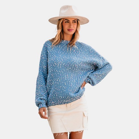 Women's Cozy Roundneck Speckled Knit Sweater -cupshe-m-blue : Target