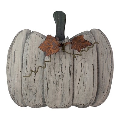 Northlight Small Rustic Wooden Fall Harvest Pumpkin With Leaves And ...