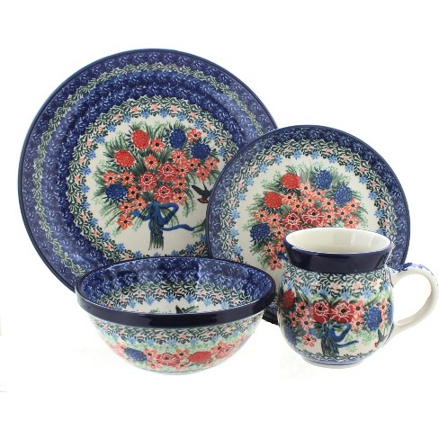 Blue Rose Polish Pottery Blush Bouquet 16 Piece Dinner Set : Target