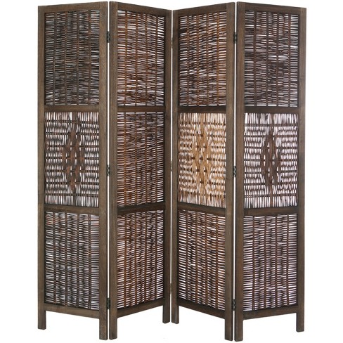 4 Panel Screen Room Divider Wicker And Wood Brown Color Diamond Design ...