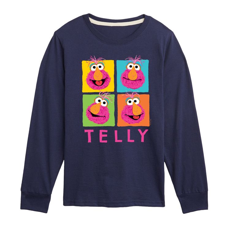 Boys' Sesame Street Telly Grid Long Sleeve Graphic T-Shirt - Navy - 3T ...