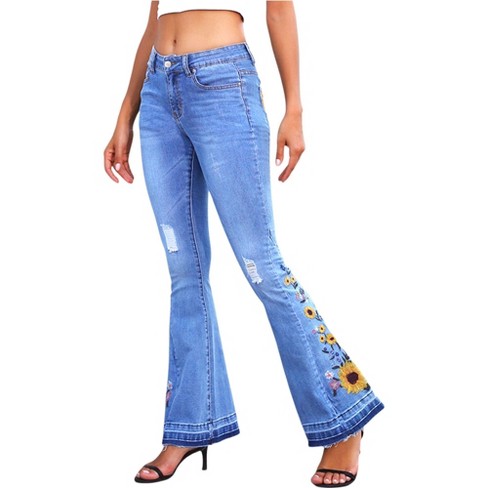 Anna-kaci Women's Floral Daisy Embroidered Mid Rise Bell Bottom Jeans-x ...
