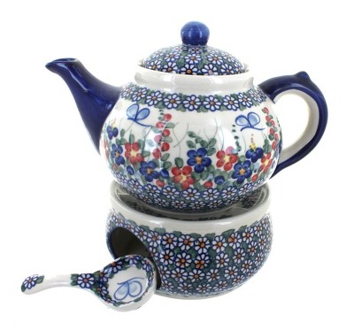 Blue Rose Polish Pottery Garden Butterfly Teapot With Warmer & Candle ...