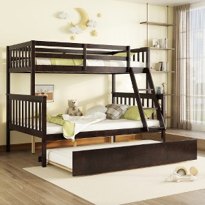 Xiyuyeu Twin Over Full Rubber Wood Bunk Bed With Trundle, Convertible Ladder And Guardrail ...