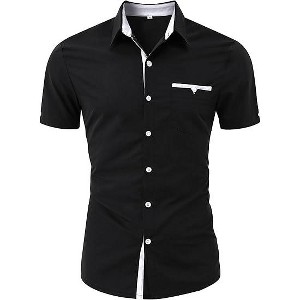 Men's Muscle Dress Shirts Slim Fit Stretch Banded Collar Short Sleeve Casual Button Down Shirt ...