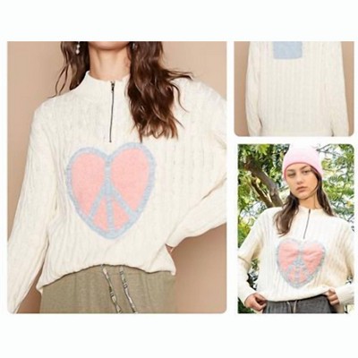 Women's Cable Knit Sweater W/ Zip Neck & Peace Sign - Pol L : Target
