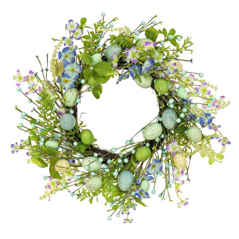 20" Artificial Blue Floral Spring Wreath With Pastel Eggs And Berries ...