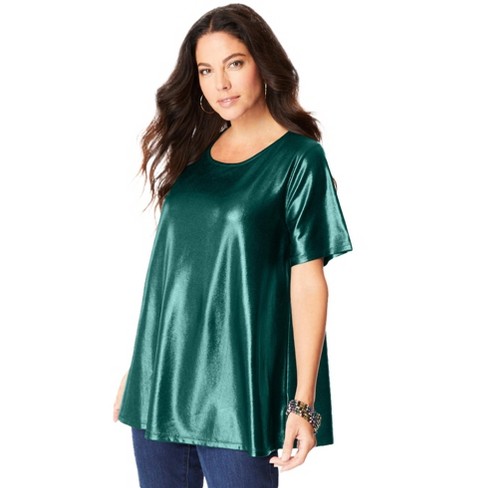 Roaman's Women's Plus Size Metallic Swing Tee. - 14/16, Emerald Green ...