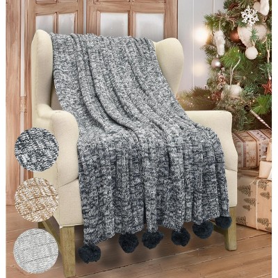 Catalonia Cable Knit Throw Blanket, Reversible Soft Pom Pom Throws Warm ...