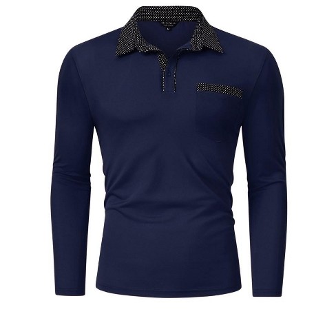 Mens Long Sleeve Polo Shirts Casual Polka Dot Collared Golf Shirt With ...