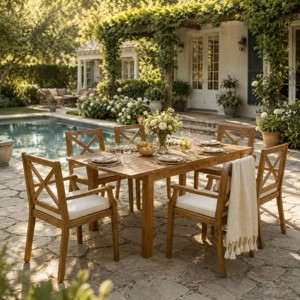 Polibi 7 Pieces Outdoor Dining Sets, 1 Expandable Table, 6 Acacia Wood ...