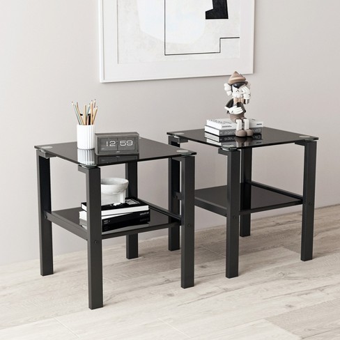 Set Of 2 Black Glass Tea Table, Small Square Table, Bedroom Corner ...