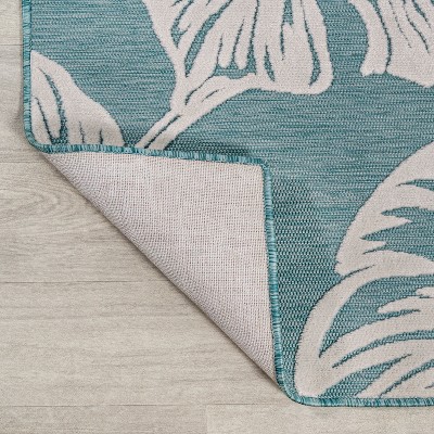 Tropical Monstera Leaf Blue/Ivory Reversible Indoor/Outdoor Rug • Spoken