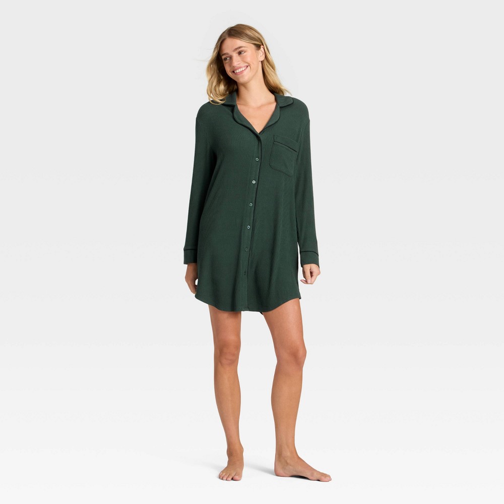 Women's Cozy Ribbed Notch Collar Nightgown - Auden™ Green S - buy other ...
