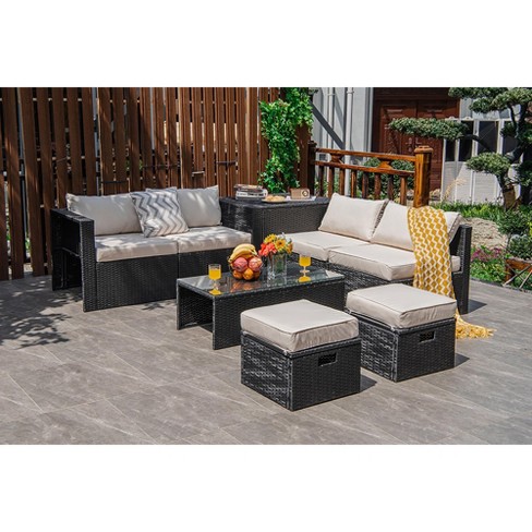 Costway 8PCS Patio Rattan Furniture Set Storage Table Ottoman Off White cover