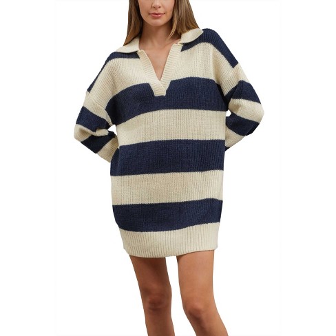 August Sky Women's Stripe Collared Long Sleeve Mini Sweater Dress : Target