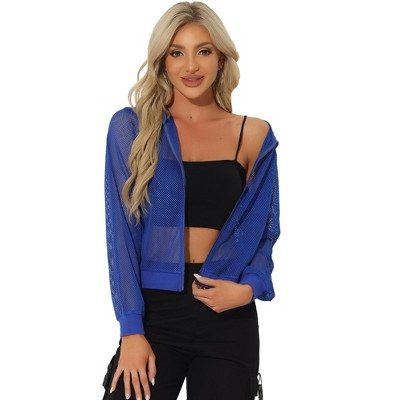 Allegra K Women's Zip Up Long Sleeve Mesh Sheer Hoodie Bomber Jackets ...