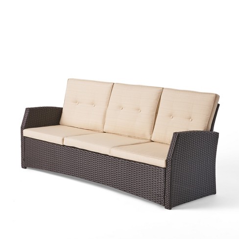 Gdfstudio Nikki Outdoor Wicker 3 Seater Sofa With Tufted Cushions ...