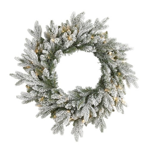 Nearly Natural 24” Flocked Artificial Christmas Wreath With 50 Led ...