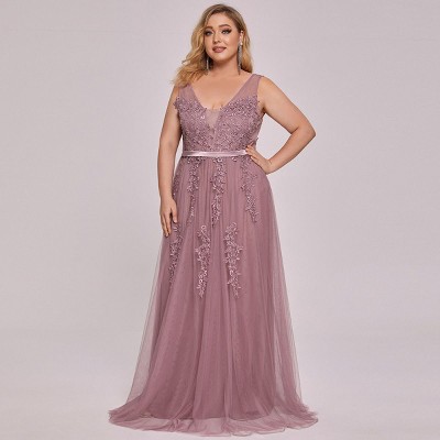 V Back Sleeveless Lace Embroidered Maxi Long Tulle Formal Dress, Purple ...