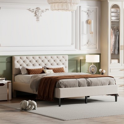 Queen Size Wood Upholstered Linen Platform Bed With Tufted Headboard ...