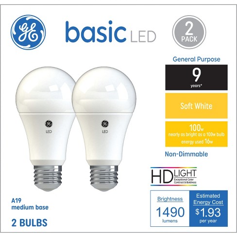 Ge 2pk 100w Basic A19 Led Light Bulbs Soft White: 16w Equivalent, 1490 ...