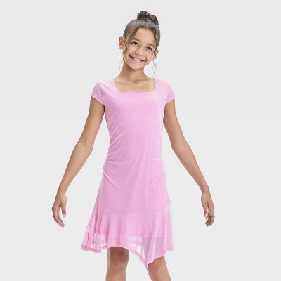 Girls' Square Neck Handkerchief Hem Mesh Dress - Art Class™ Pink Xs ...