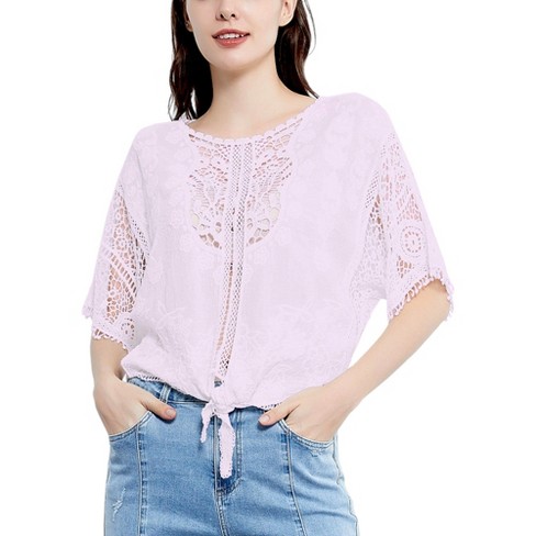 Anna-kaci Women's Tie Front Crochet Lace Top- Small ,mauve : Target
