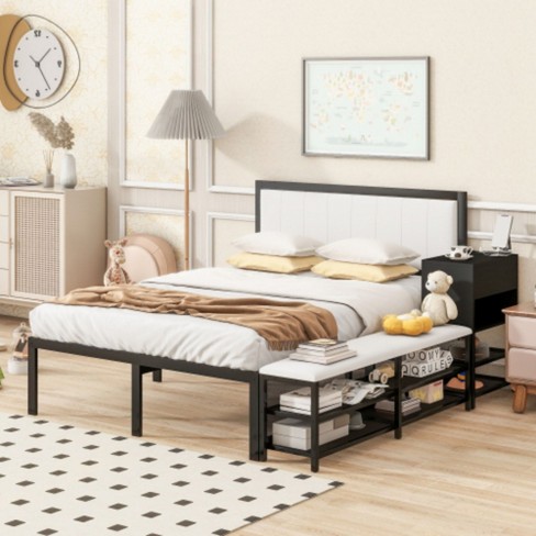 Full-size Metal Platform Bed With Two-level Storage Shelves And Wooden ...
