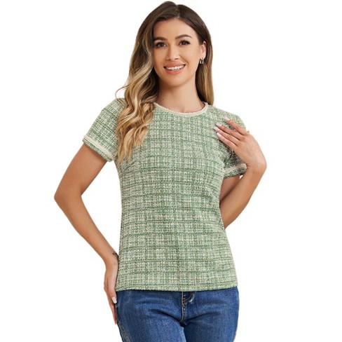 Allegra K Women's Round Neck Pearl Trim Short Sleeve Tweed Blouse Green ...
