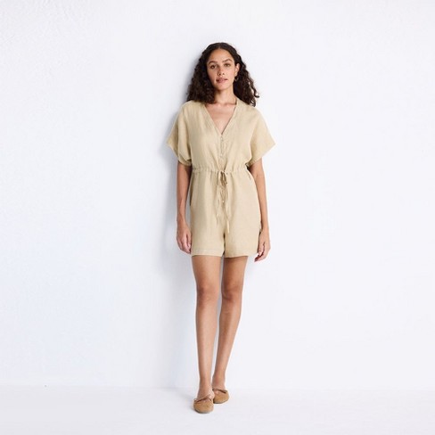Reistor Women's V Neck Drawstring Romper In Neutral Beige Medium : Target