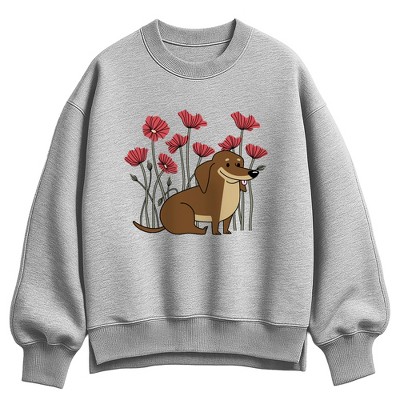 Women's - Instant Message - Dachshund in Poppies Oversized Fleece Crew ...