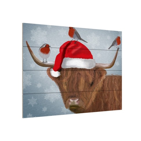 Trademark Fine Art - Fab Funky 'highland Cow And Robins' Wood Slat Art ...