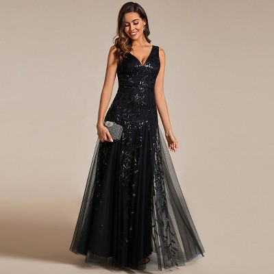 Black V Neck Sleeveless Tulle Hem A-line Sequins Maxi Evening Dresses ...