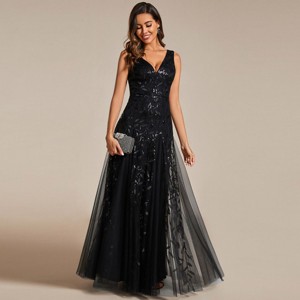 Black V Neck Sleeveless Tulle Hem A-line Sequins Maxi Evening Dresses ...