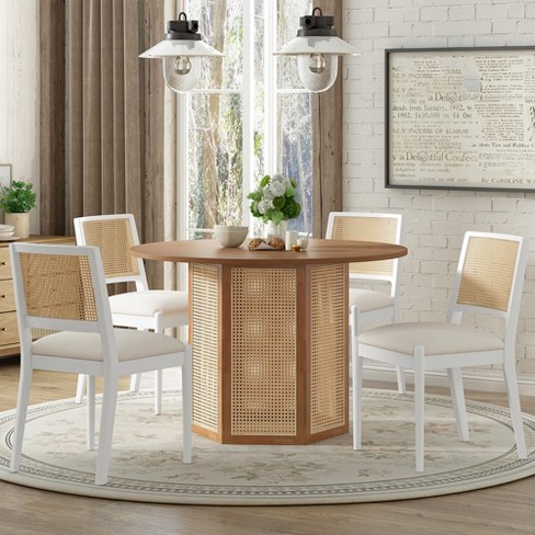 5 Piece Dining Table Set, Rattan Kitchen Table Set For 4 Persons, Wood ...