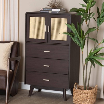 Elsbeth Wood And Natural Rattan 3 Drawer Storage Cabinet Oak Brown ...