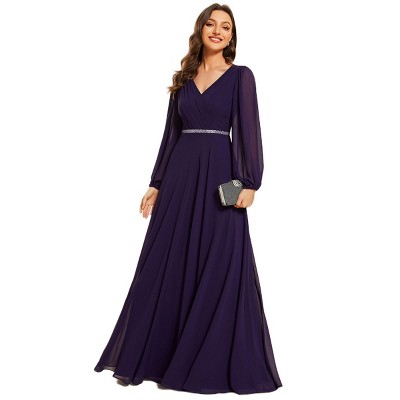 Dark Purple A Line Women's Formal Dresses Shiny Belt Chiffon Evening ...