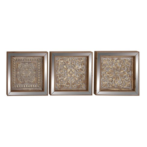 Metal Floral Embossed Wall Decor With Mirror Panels Set Of 3 Gold ...
