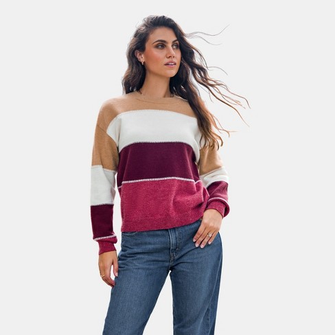 Women's Burgundy & Ivory Colorblock Long Sleeve Sweater - Cupshe-l ...