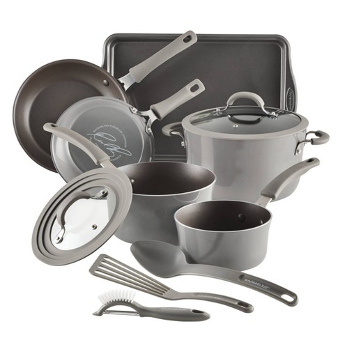 Rachel Ray Cook and Create 11pc Aluminum Non Stick Cookware Set Gray Nonstick Pot Pan Set with Tempered Glass Lids