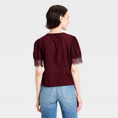 Womens Balloon Short Sleeve Lace V Neck Blouse Universal Thread