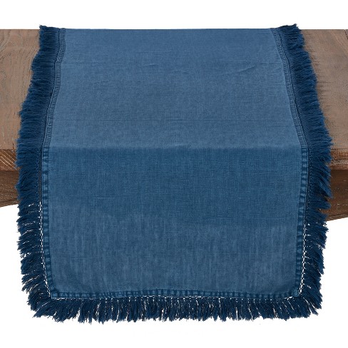 72"x16" Linen Stonewashed Fringe Table Runner Navy - Saro Lifestyle ...