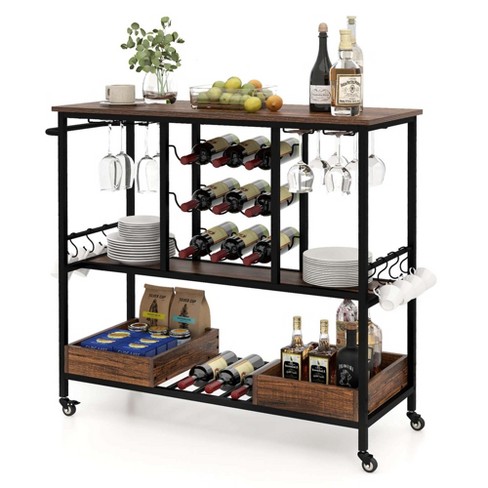 Costway 3 Tiers Bar Cart Home Serving Cart On Wheels With Glass Racks ...