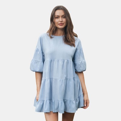 Women's Light Blue Ruffled Puff Sleeve Mini Dress - Cupshe-l-blue : Target