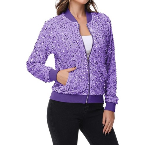 Anna-kaci Women's Sequin Bomber Jacket Zip Front Ribbed Cuffs And Hem ...